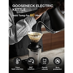 Cocinare Gooseneck Electric Kettle with Temperature Control, Pour Over Coffee & Tea, Retro Vintage Style 1200W for 180-sec Quick Boil Time, Stainless Steel Kettle Water Boiler, 30oz/0.9L (Dark Grey)