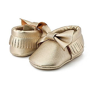 OOSAKU Infant Tolddler Baby Soft Sole PU Leathe Bowknots Shoes (6-12 Months, Gold)