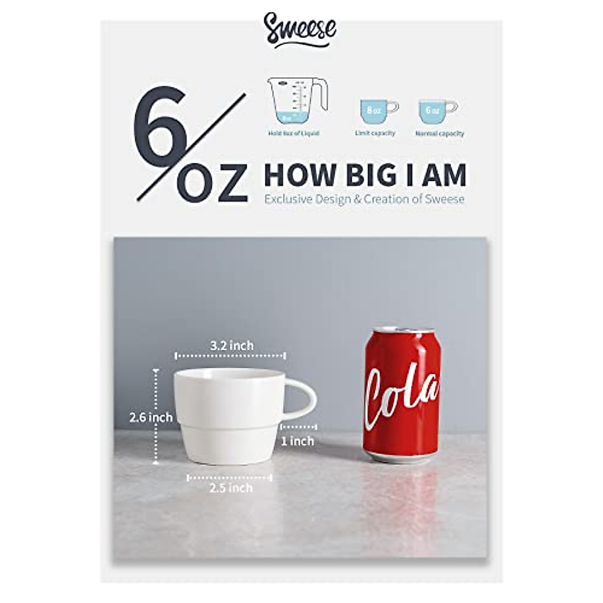 Sweese 411.001 Porcelain Cappuccino Cups - Stackable Coffee Cups - 6 Ounce for Specialty Coffee Drinks, Cappuccino, Mocha and Tea - Set of 6, White