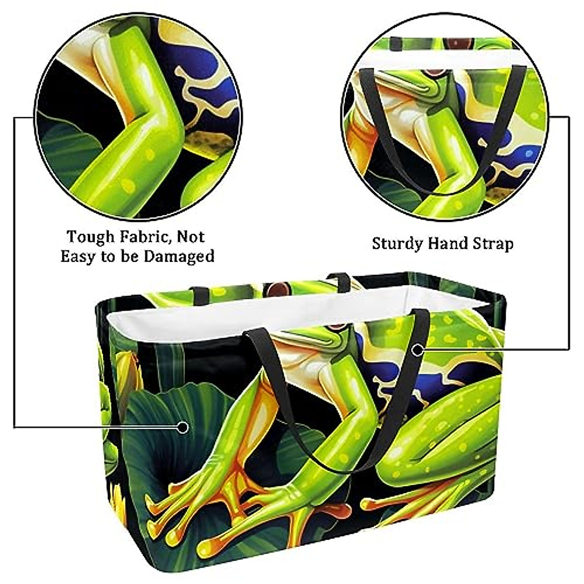 Reusable Grocery Bags Boxes Storage Basket, Red Eye Frog Pattern Collapsible Utility Tote Bags with Long Handle