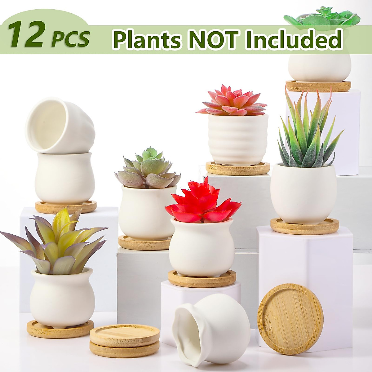 Remerry 12 Pcs 2.5 Inch DIY Ceramic Succulent Pots Figurines Paint Craft Kit Unpainted Ceramic Bisque Paintable Ceramic Flowerpots with Drainage Hole Ready to Paint for Kids Classroom (Matte Style)