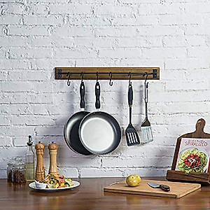 MyGift Kitchen Pot Rack, 6 Removable S-Hook Rustic Brown Wood Wall Mounted Pan Storage Rack Organizer/Cooking Utensil Display Holder