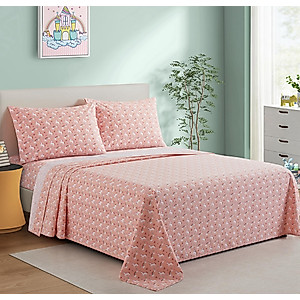 Marina Decoration Kids Girls Toddlers Cute Printed 600 Thread Count Soft Deep Pocket Cotton Blend Percale All Season 3 Pieces Bedding Sheet Set, Pink Unicorn Rainbow Pattern Twin/Single Size