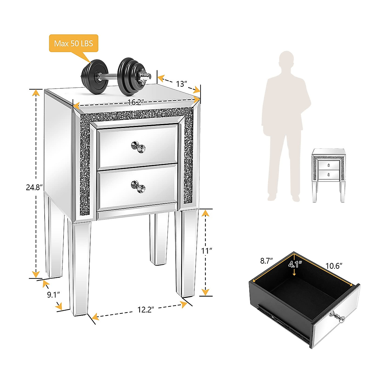 VINGLI Mirrored Nightstand, Mirrored Bedside Table with Drawer, Mirror Silver Night Stand, Mirrored Glass End Table Crushed Diamond Glitter Night Stand for Small Spaces/Bedroom/Living Room, Silver