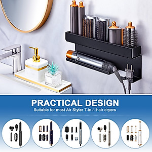WAYASI Blow Dryer Holder Wall Mounted Hair Straightener Holder, Blow Dryer and Curling Iron Holder for 7 in 1 Styler Attachments, Black Hair Dryer Holder, Bathroom Hair Tools Organizer and storage