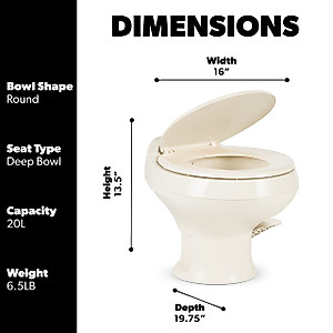 Dometic 301 Toilet Low Profile 13.5" Height- Bone, 301-SS/RT/BONE, Full Size Residential Style, Clean and Watertight Triple Jet Rinse with Foot Pedal