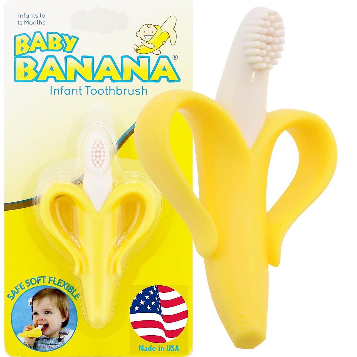 Baby Banana Yellow Banana Infant Toothbrush, Easy to Hold, Made in the USA, Train Infants Babies and Toddlers for Oral Hygiene, Teether Effect for Sore Gums, 4.33" x 0.39" x 7.87"