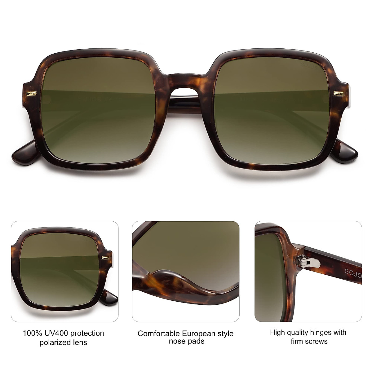 SOJOS Retro Square Polarized Sunglasses for Women Men Classic Trendy Sunnies SJ2226, Brown Tortoise/Brown