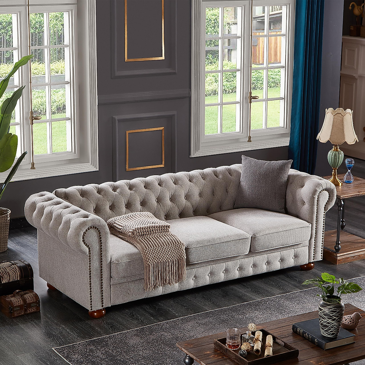 LIADTOP, 3-Seat Chesterfield Sofa with Button Tufted, Nailhead Trim and Solid Wood Legs, Classical Linen Fabric Couch for Living Room, Office, Light Grey