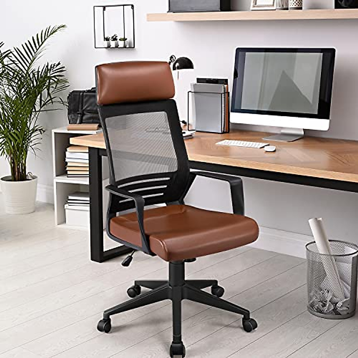 Yaheetech Mesh Leather Executive Chair with Lumbar Support, Office Chair Ergonomic Desk Chair High Back Mesh Computer Chair with Backrest and Headrest, Task Chair with Wheels for Women Adults, Brown