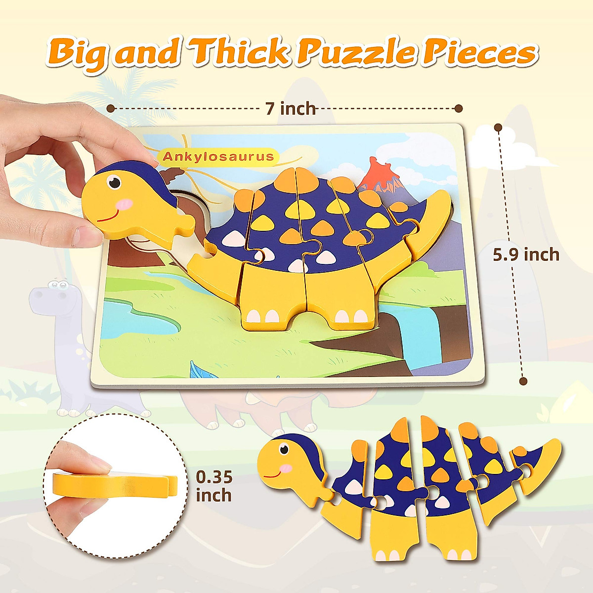 6 Pieces Set of Wooden Dinosaur Puzzles for Children 1-5 Years Old, Wooden Puzzles for Montessori Learning for Toddlers, Preschool Educational Toys, 3D Dinosaur Puzzles for Boys and Girls Gift