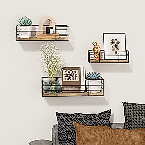 POTEY Floating Wall Shelves, Natural Wood Wire Frame Hanging Shelves for Bathroom, Living Room, Bedroom, Kitchen 3 Sets Light Brown
