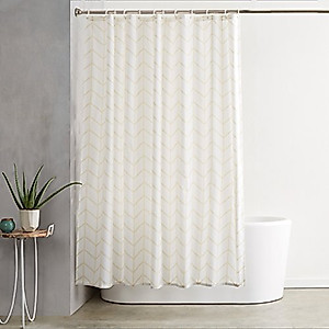 Amazon Basics Fabric Shower Curtain with Grommets and Hooks - 72 x 72 Inch, Natural Herringbone