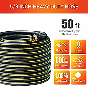 Adimos Hybrid Garden Hose 50 ft x 5/8", Heavy Duty Flexible Lightweight Water Hose 50ft with 10 Function Sprayer Nozzle, 3/4'' Solid Brass Fittings, Ultra Durable, All-weather, Burst 600 PSI