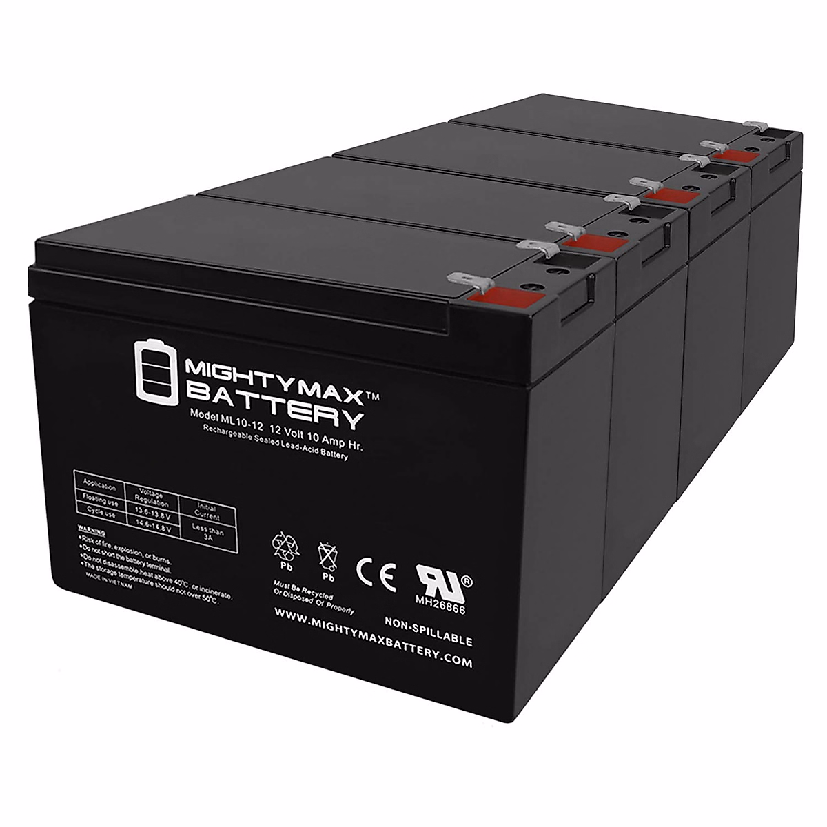 Mighty Max Battery ML10-12 - 12V 10AH Battery Replaces REC10-12 ES10-12S PSH-12100F2 UB12100-S - 4 Pack