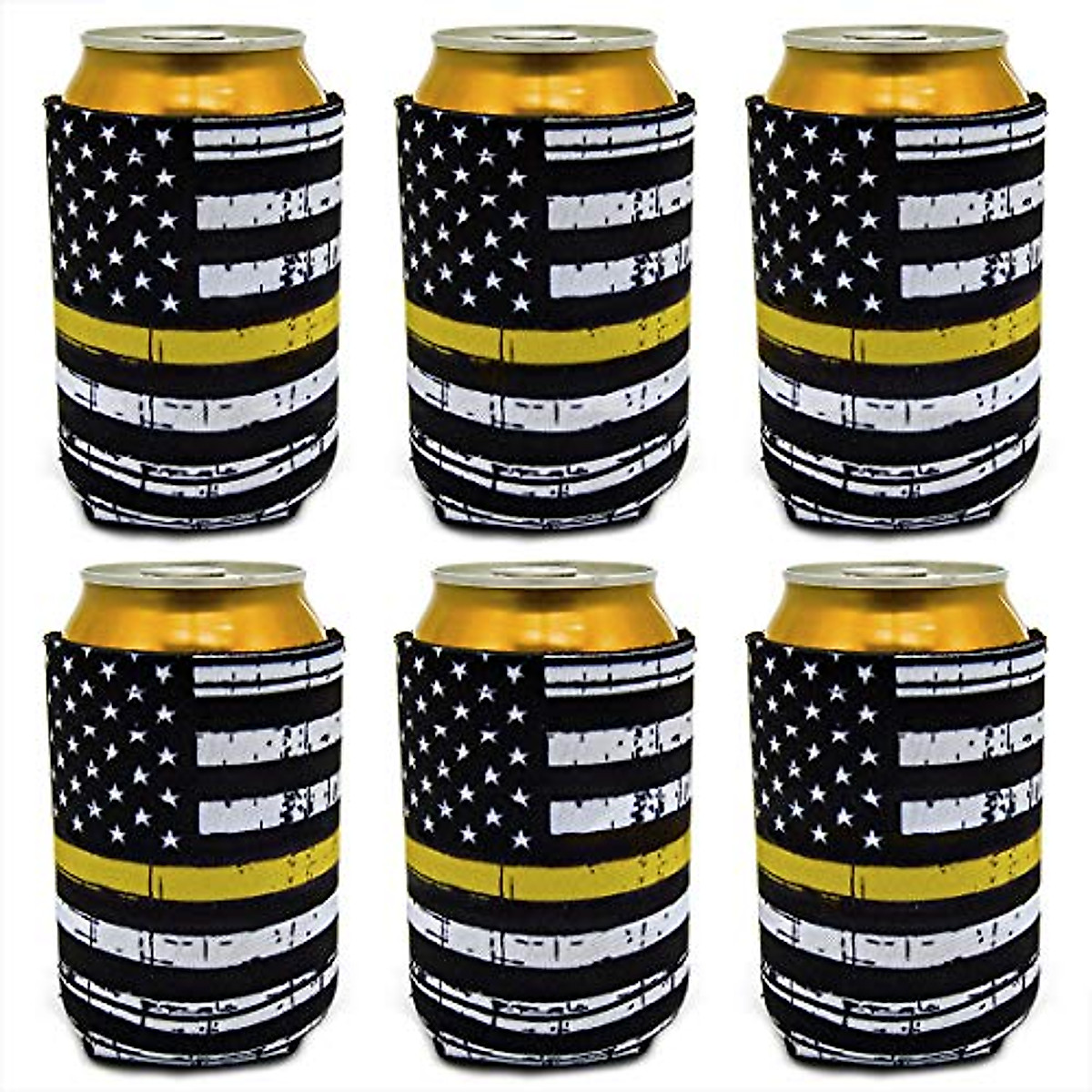 Can Cooler Sleeves USA Thin Yellow Line Flag Can Coolies Bulk Drink Beer Can Insulator Covers Collapsible Can Wraps 6Pc