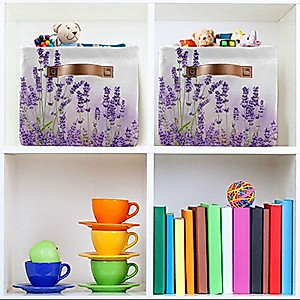 KEEPREAL Lavender Flowers Storage Basket Bin, Large Cube Storage Box Canvas Collapsible Storage Organizer for Home Office Closet - 15 L x 11 W x 9.5 H