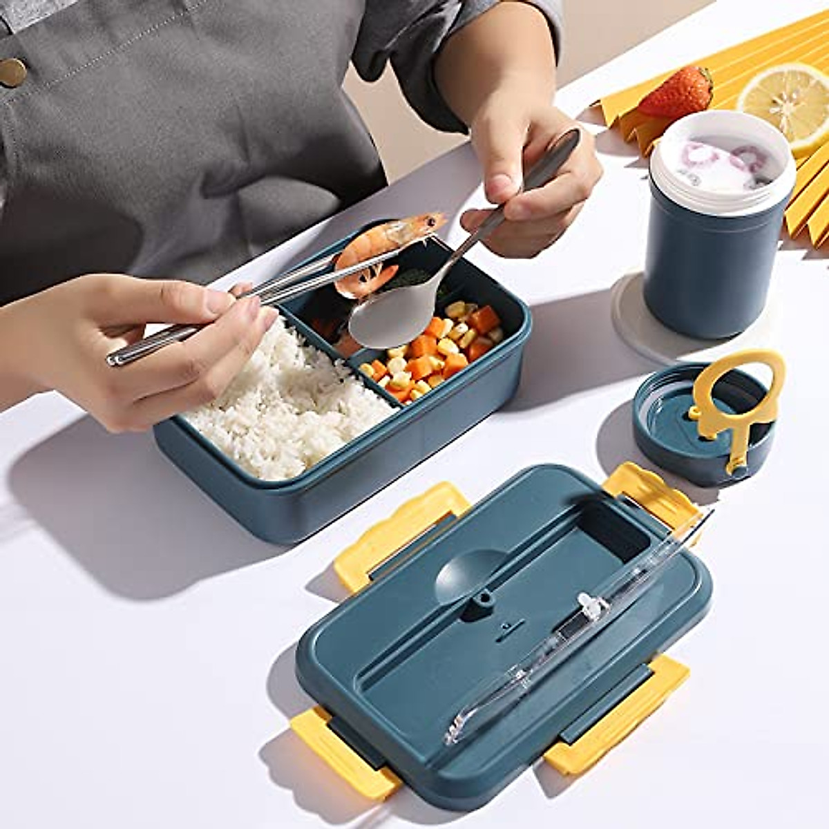 Jossens Bento Box Set,1100ML Leakproof Lunch Box Kit With Utensils,Breakfast Cup and Lunch Bag,3 Compartment Microwave Lunch Containers,BPA Free(Blue)