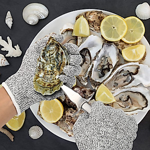 Anglekai Oyster Shucking Knife with 4 Gloves, Shucker Oyster Knife Set of 2 Stainless Steel Oyster Shucker kit with Oyster Shucking Gloves Stab Resistant for Oysters, Ark Shell, Clams