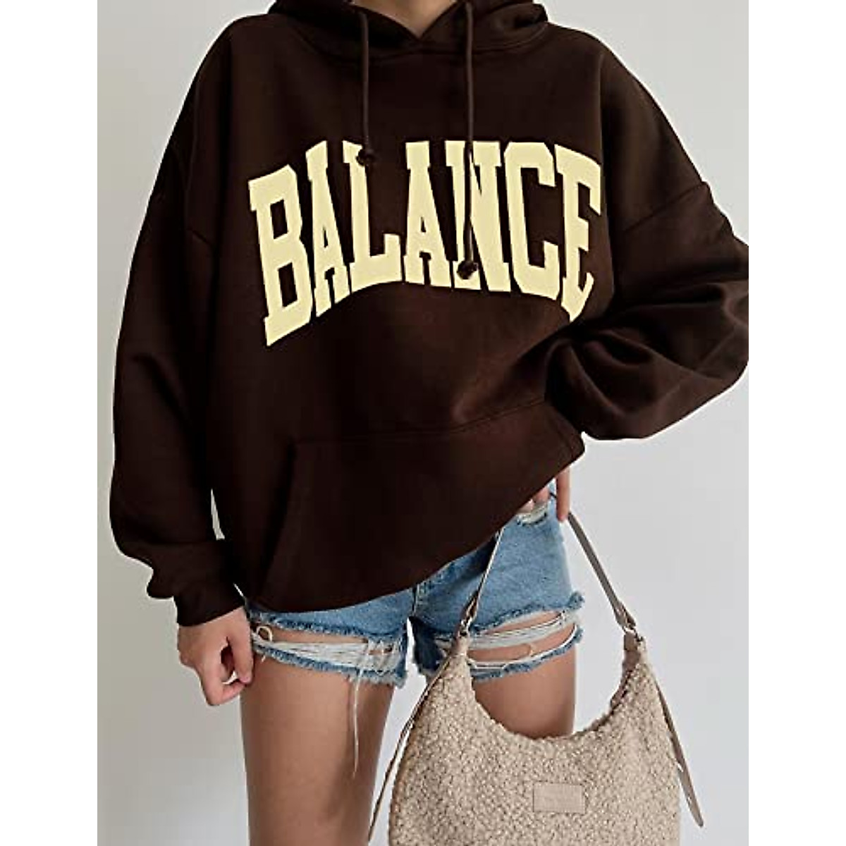 Wyeysyt Women's Letter Graphic Hoodies Casual Fashion Drawstring Sweatshirt Long Sleeve Y2k Print Pullover(Coffee-M)