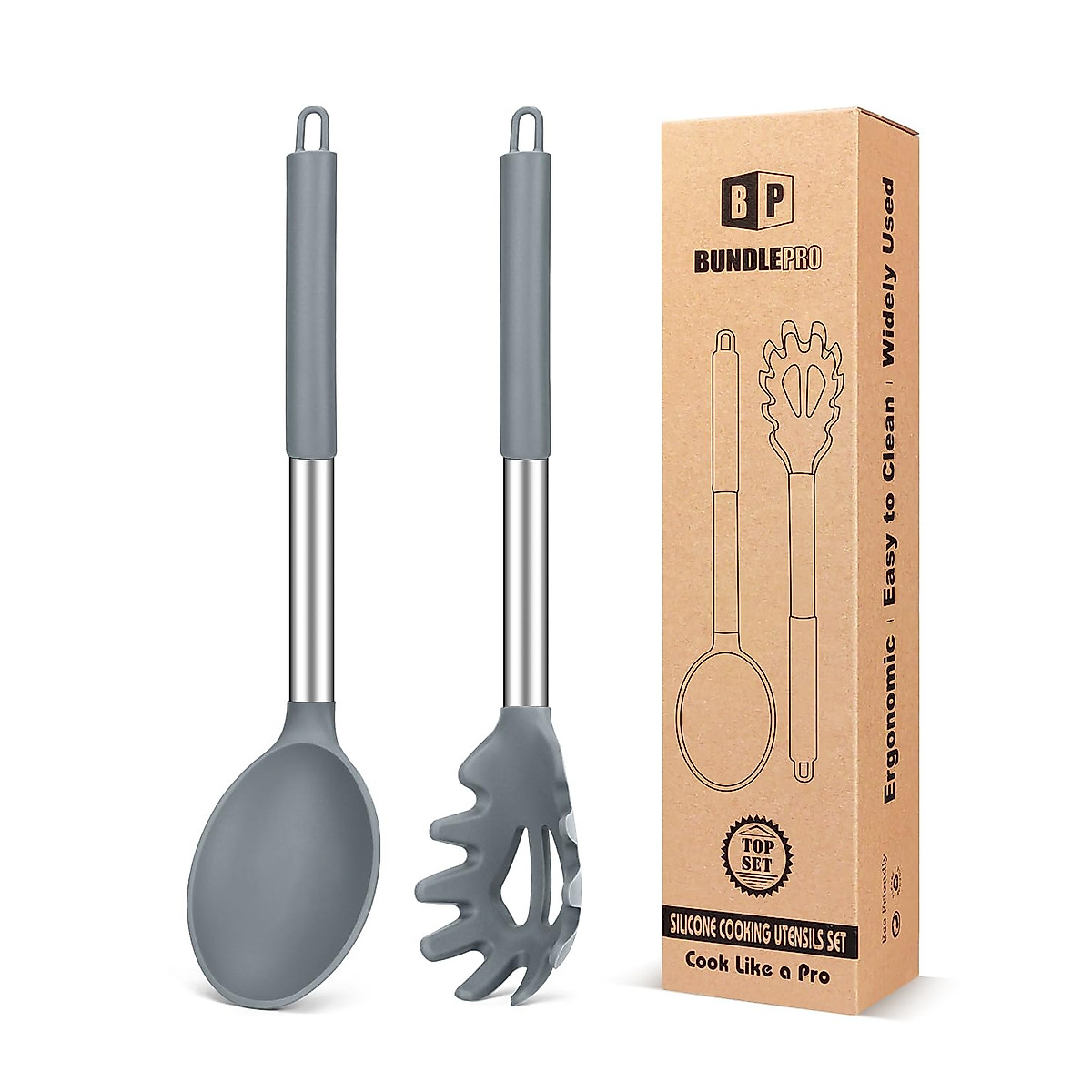 Silicone Pasta Fork and Cooking Spoon Set, Non Stick Kitchen Utensils for Cooking,Stirring,Serving Spaghetti, Soup, Sauce (GREY)