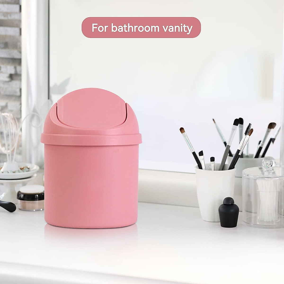 HERCHR Plastic Mini Swing Lid Trash Can, Pink, 6"