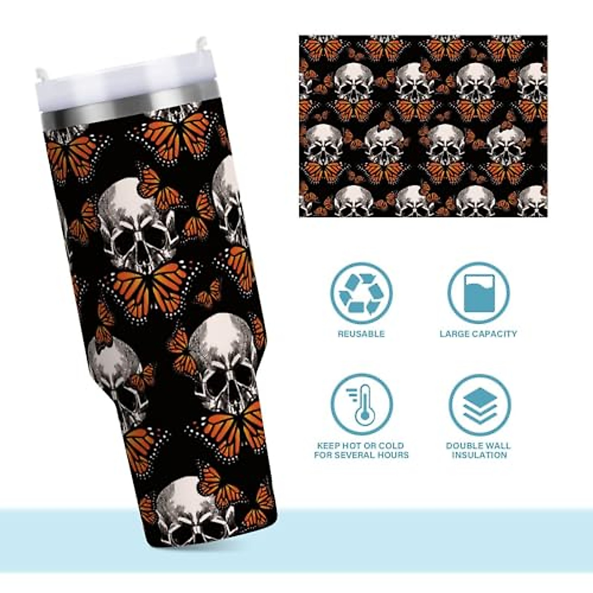 Slewiaeky Tumbler with Handle 40 oz Skull Butterfly Orange Travel Mug with Lid and Straw Stainless Steel Vacuum Insulated Water Bottle Cup for Iced Tea Coffee Cold Beverages Cup Holder Friendly
