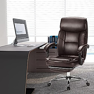 Executive Office Chair, Ergonomic Big and Tall Leather Swivel Rolling Managerial Reclining Computer Desk Task Chair, Adjustable High Back Recliner Chair with Padded Armrests and Retractable Footrest