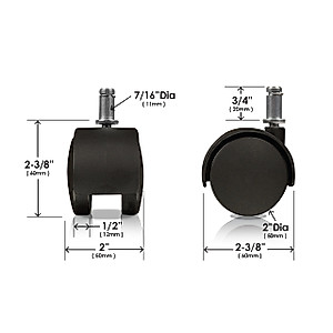 Slipstick CB682 2 Inch Replacement Office Chair Wheels (Set of 5 Casters) Universal Standard Size Stem 7/16 Inch x 7/8 Inch - Black Plastic