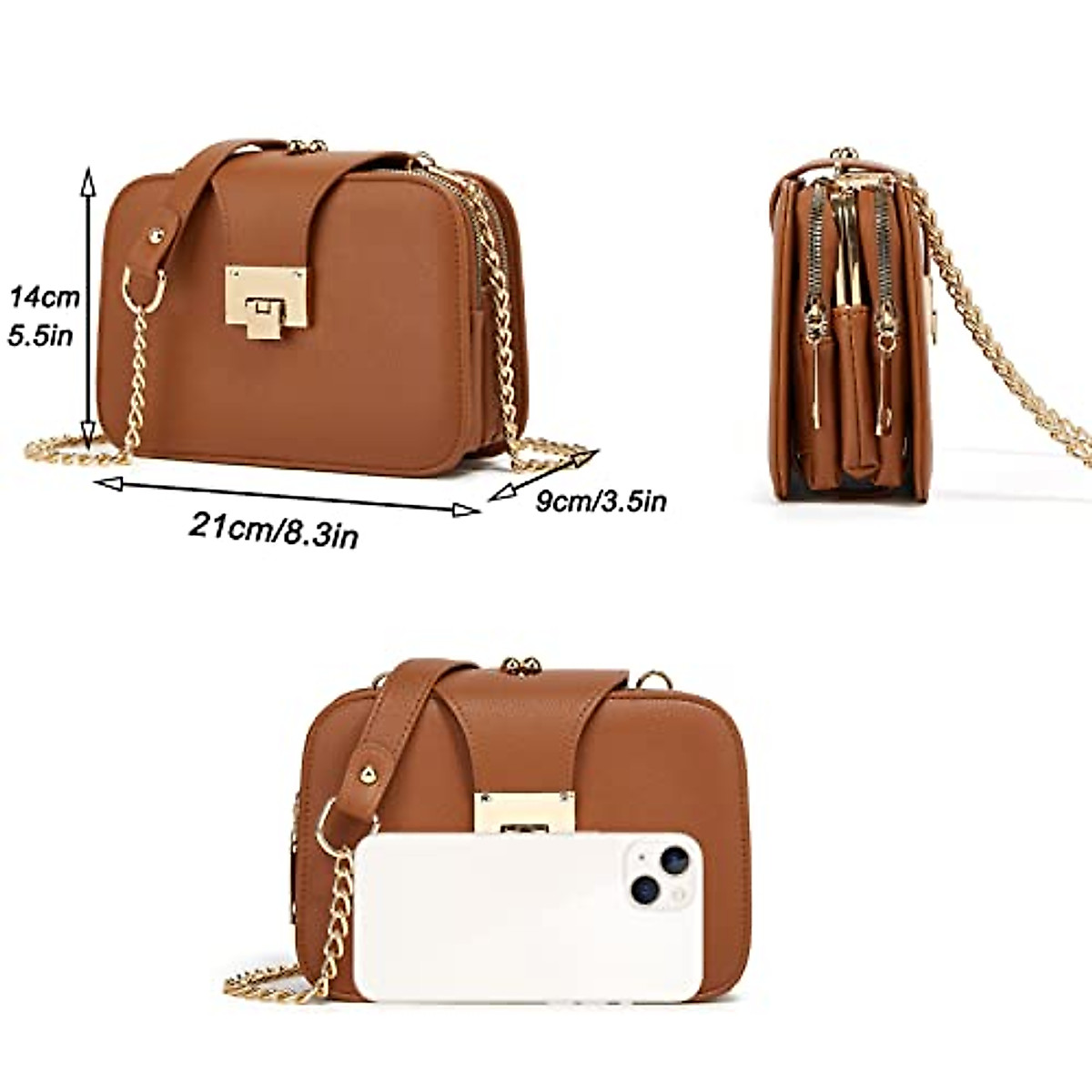 forestfish Ladies Black PU Leather Shoulder Bag Evening Clutch Purse Crossbody Bag with Metal Chain Strap, Khaki