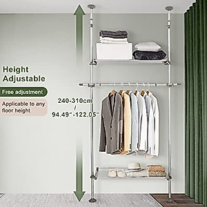 Hershii Indoor Garment Rack Coat Hanger Extendable Clothes Hanging Rails Tension Pole Laundry Room Storage Shelf Heavy Duty Clothing Display Stand Holder Airer Space Saving Organizer - Grey