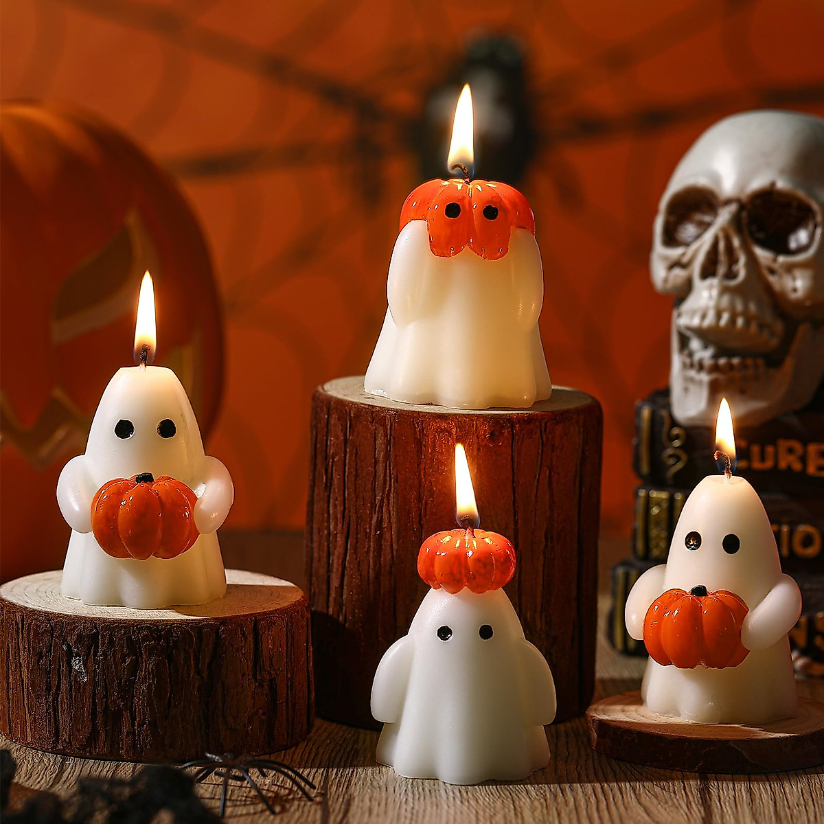 4 Pcs Halloween Ghost Candle Large Halloween Candle Pumpkin Spooky Ghost Candles White Ghost Shaped Tea Lights Candle Goth Gifts for Halloween Party Favor Supplies Home Bedroom Room Table Decorations