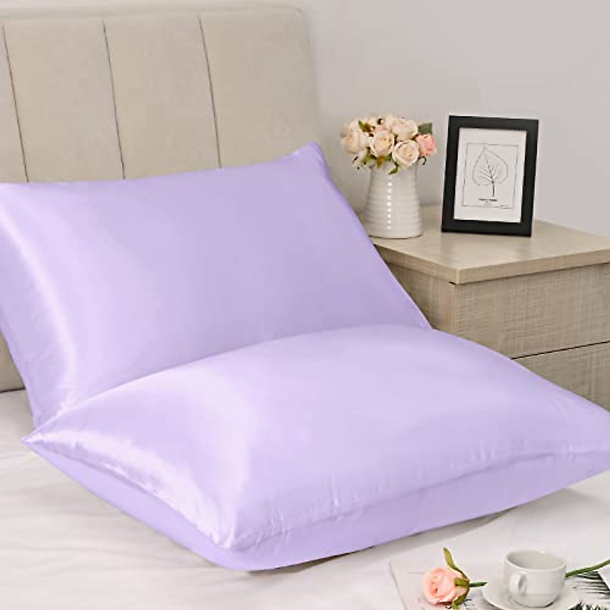 Satin Pillowcase for Hair and Skin, 2 Pack Lavender Silk Pillowcase Queen Satin Pillowcases with Envelope Closure(Lavender,20x30 inches)