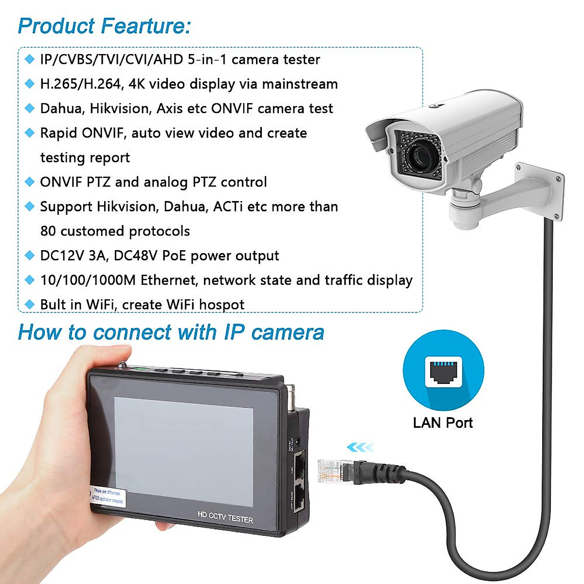 WSDCAM 4 Inch Portable Wrist IP Camera Tester CCTV Tester 4K H.265 IP CVBS CVI TVI AHD Analog Camera Tester with POE/IP DiscoveryFirmware Update/Camera Test Report 1800ADH-Plus