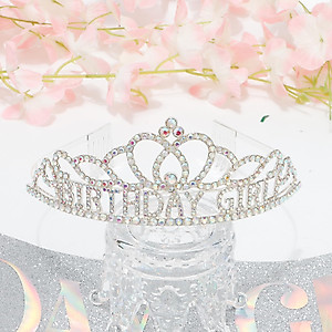 KICOSY Birthday Crown and Sashes for Women Princess Tiara Headband Elegant Sliver Crown for Girls Birthday Headpieces Hair Accessories Rhinestone Decoration Gifts Aurora Borealis Crystal Tiaras