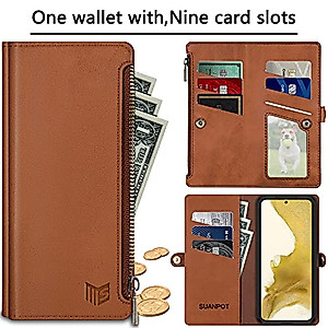 SUANPOT for iPhone 14 Pro Max Wallet case 【RFID Blocking】【9 Card Slot】【Pocket】,Credit Card Holder Flip Folio Book Zipper PU Leather Protective Cover Women Men for 14 ProMax Phone case Light Brown