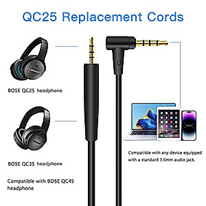 BINGLE Headphones Replacement Cord for Bose QC25, QC35, QuietComfort 25, QuietComfort 35, On-Ear 2,OE2,OE2i Headphones Inline Mic/Remote Control – Black