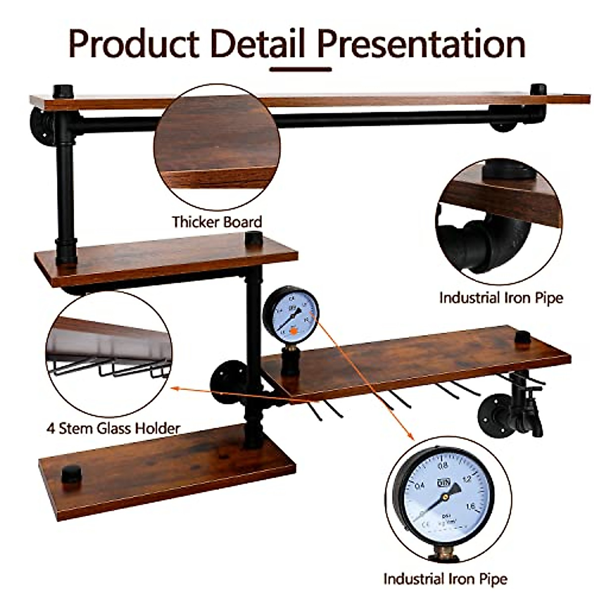 Rocomoco Industrial Pipe Shelving Wine Rack Wall Mounted with 4 Stem Glass Holder 39 Inch Bar Shelf Rustic Metal Floating Wall Bar Shelf 4-Tiers Hanging Liquor Wood Shelves Glass Rack for Kitchen