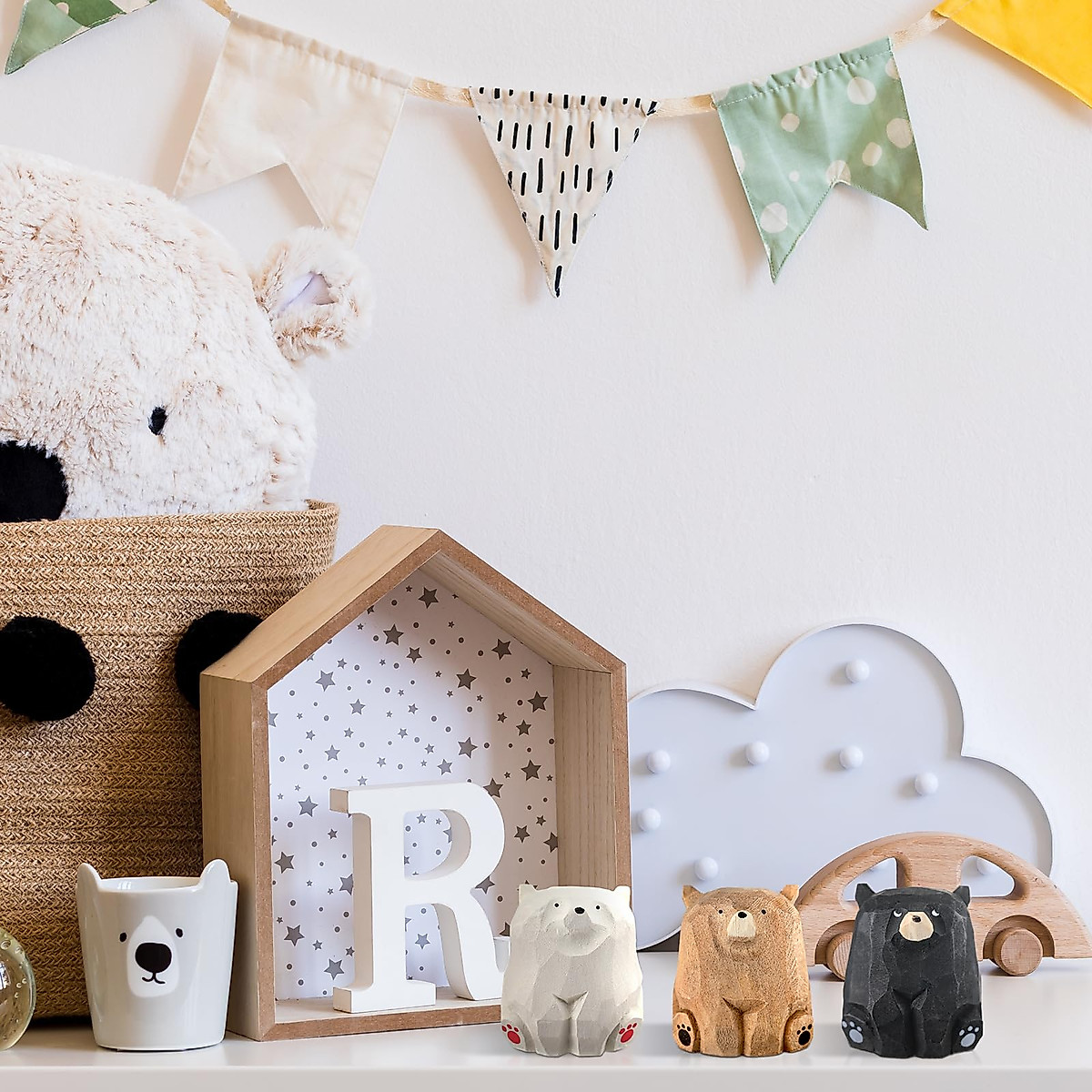 Lineshading 3 Pcs Miniature Bear Statues Funny Wooden Bear Figurines Safari Nursery Decor Woodland Animal Nursery Decor Rustic Wooden Animal Figurines for Nursery Bedroom Playroom Gift, 1.2 x 1.4 Inch