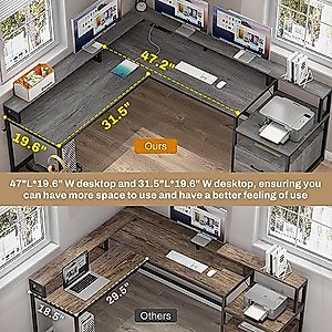 SEDETA L Shaped Desk, 66" Home Office Desk with File Drawer & Power Outlet, Gaming Desk with Led Lights, Corner Computer Desk with Monitor Shelf, Printer Storage Shelves, Two Person Desk, Grey