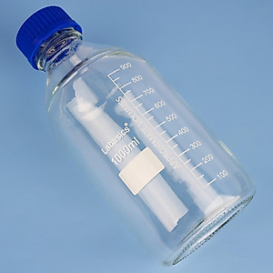 Labasics Round Media Storage Bottles with GL45 Blue Screw Cap, Glass Clear Wide Mouth Graduated Round Reagent Media Storage Lab Glass Bottle, 1000 ml