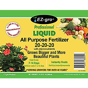 EZ-gro 20 20 20 Fertilizer - All Purpose Liquid Plant Food - Lawn, Flower, Herb, Vegetables - Best Way to Grow Green Plants - Garden-Growing Miracle Nutrients - 1 Qt / 32 fl oz / 946 mL