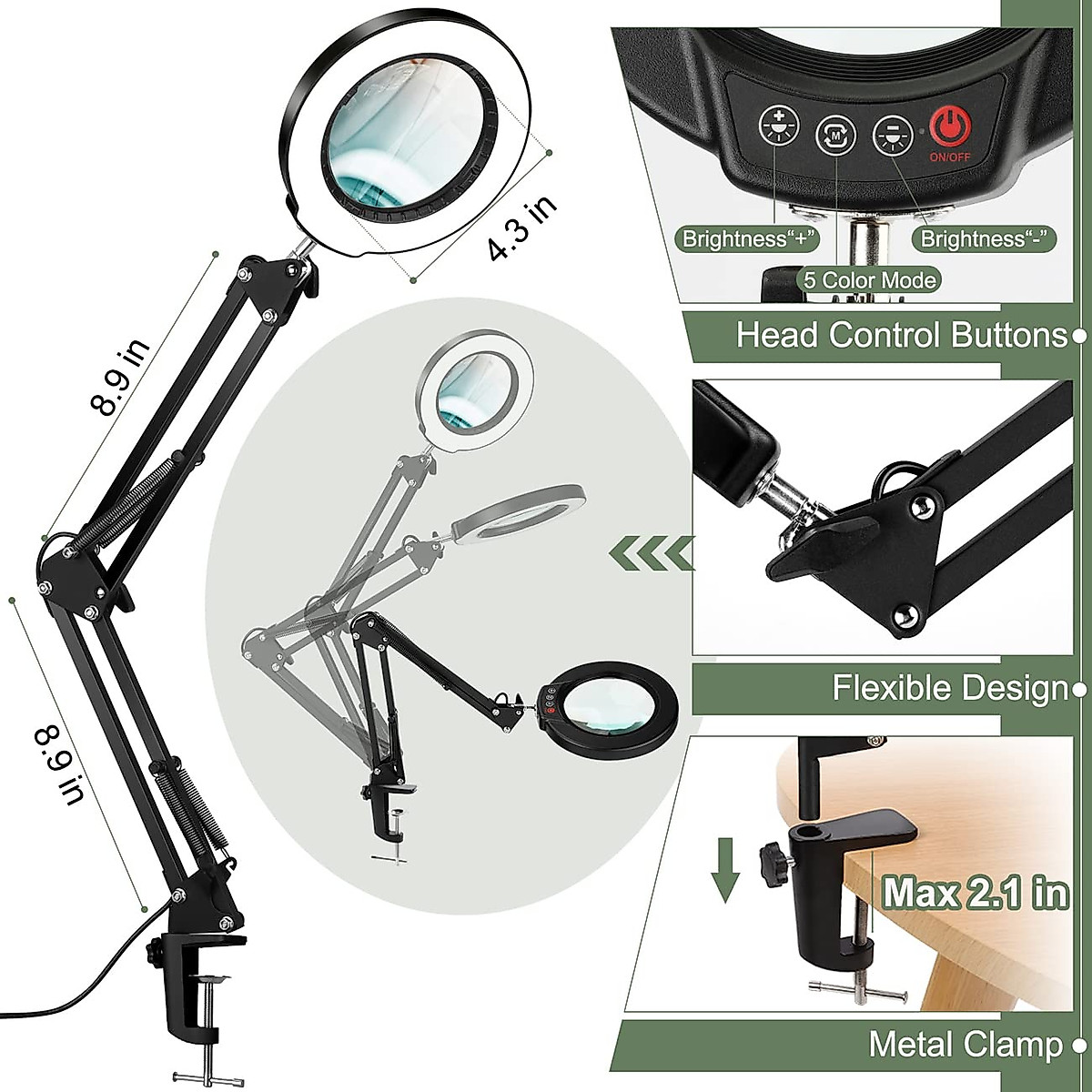 Krstlv 5X Magnifying Glass with Light and Clamp, Upgrade Button 5 Color Modes, Stepless Dimmable LED Lighted Desk Lamp, Hands Free Magnifier with Light and Stand for Craft Hobby Reading Close Work