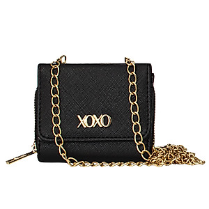 XOXO Women’s Wallet Mini Black Saffiano Zip Around Graffiti Print Indexer With Chain Crossbody Strap