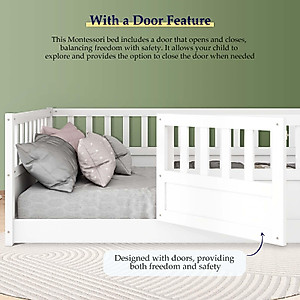 Tatub Twin Floor Bed with Elevated Safety Guardrails and Door, Montessori Floor Bed for Kids, Wood Kids Floor Beds Frame, Twin-White