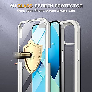 Miracase Glass iPhone 13 Case 6.1 inch, 2023 Upgrade Full-Body Clear Bumper Case with Built-in 9H Tempered Glass Screen Protector for iPhone 13,Rice White