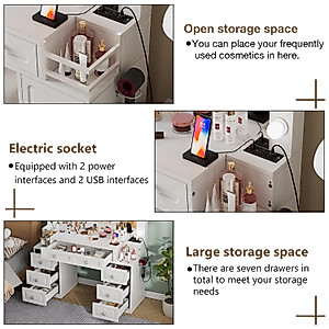 FURNJOYLIFE Farmhouse Makeup Vanity Desk with Lighted Mirror & Power Outlet, Vanity Dresser Table with 3 Lighting Modes Brightness Adjustable,7 Drawer,2 Shelves,Hair Dryer Stand for Bedroom,White