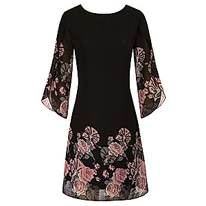 Women 3/4 Sleeve Loose Chiffon Dress Shift Dress Midi Black-Pink Flower-2 XL