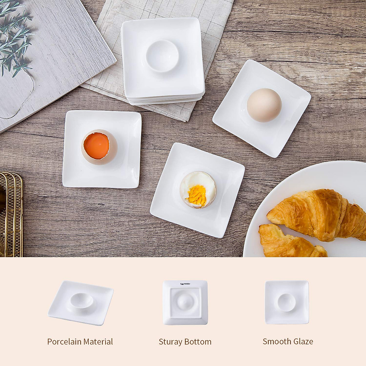 TAMAYKIM Soft Boiled Egg Cups, White Ceramic Egg Cup Plates, Plat Egg Holders for Breakfast and Brunch, Sot of 8