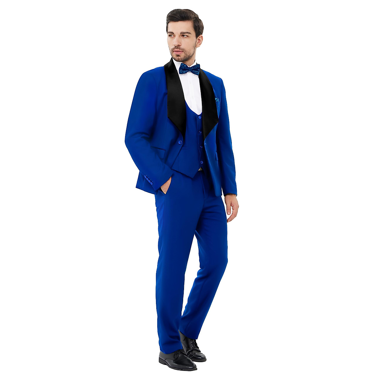 MAGE MALE Men's 3 Piece Suit Shawl Collar Slim Fit Elegant Tuxedo Solid One Button Wedding Party Blazer Vest Pants Set Royal Blue